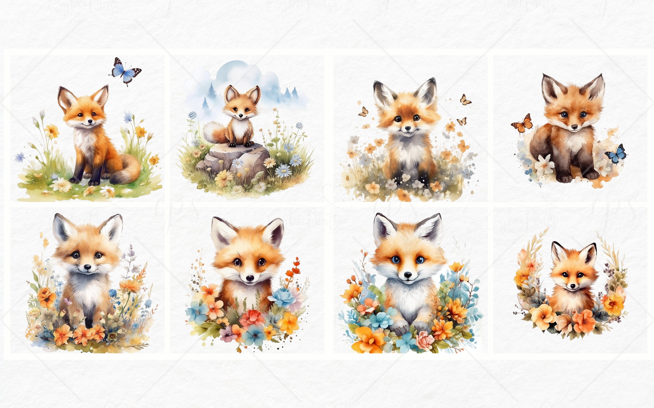 Watercolor Fox Clipart, Baby Fox Painted Foxes Clipart, Woodland Animal ...