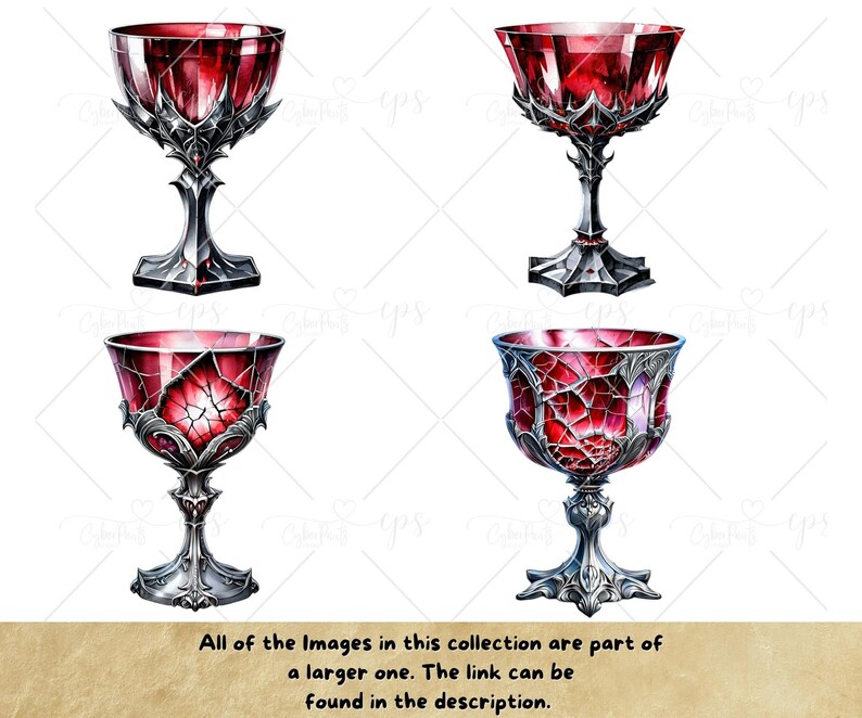 Red Gothic Cups Watercolor Clipart Bundle | 27 PNG Crystal Chalices ...