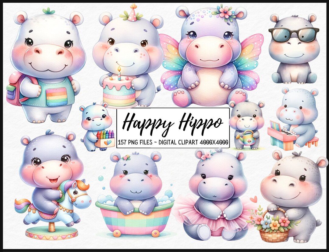 Cute Hippos Clipart, Spring PNG, Watercolor African Baby Animals Png ...