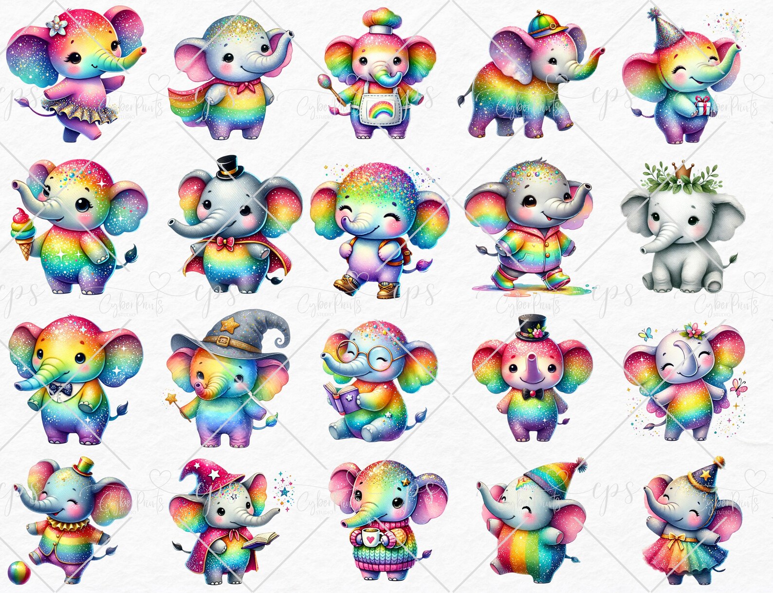 Rainbow Elephant Clipart - Cute Watercolor Elephants PNG - Digital ...