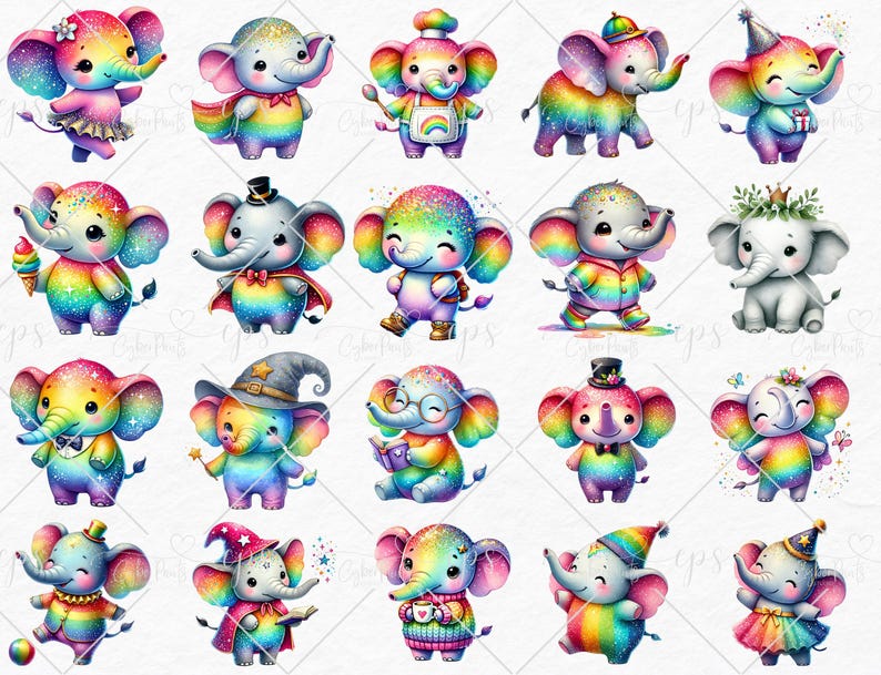 Rainbow Elephant Clipart - Cute Watercolor Elephants PNG - Digital ...