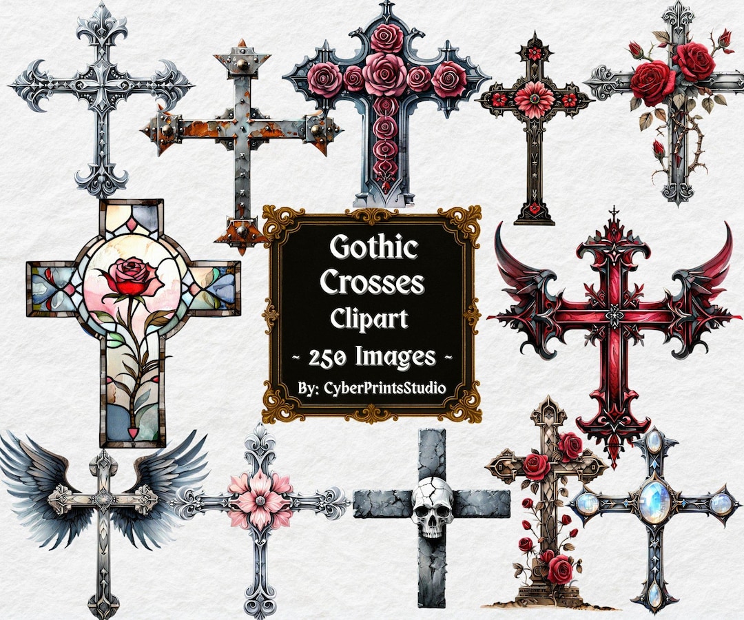 Gothic Cross Clipart Bundle – 250 Dark Cross PNG Images With Roses ...
