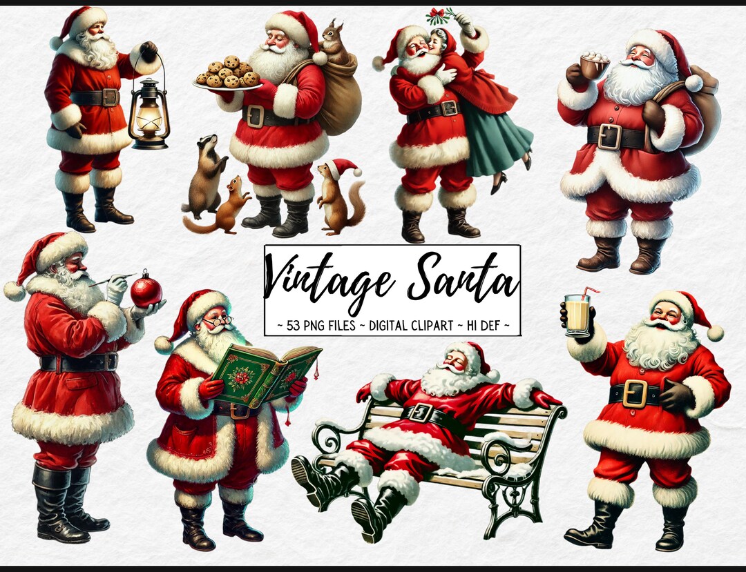 Watercolor Vintage Santa Clipart, Retro Christmas Art, Holiday PNG Set ...