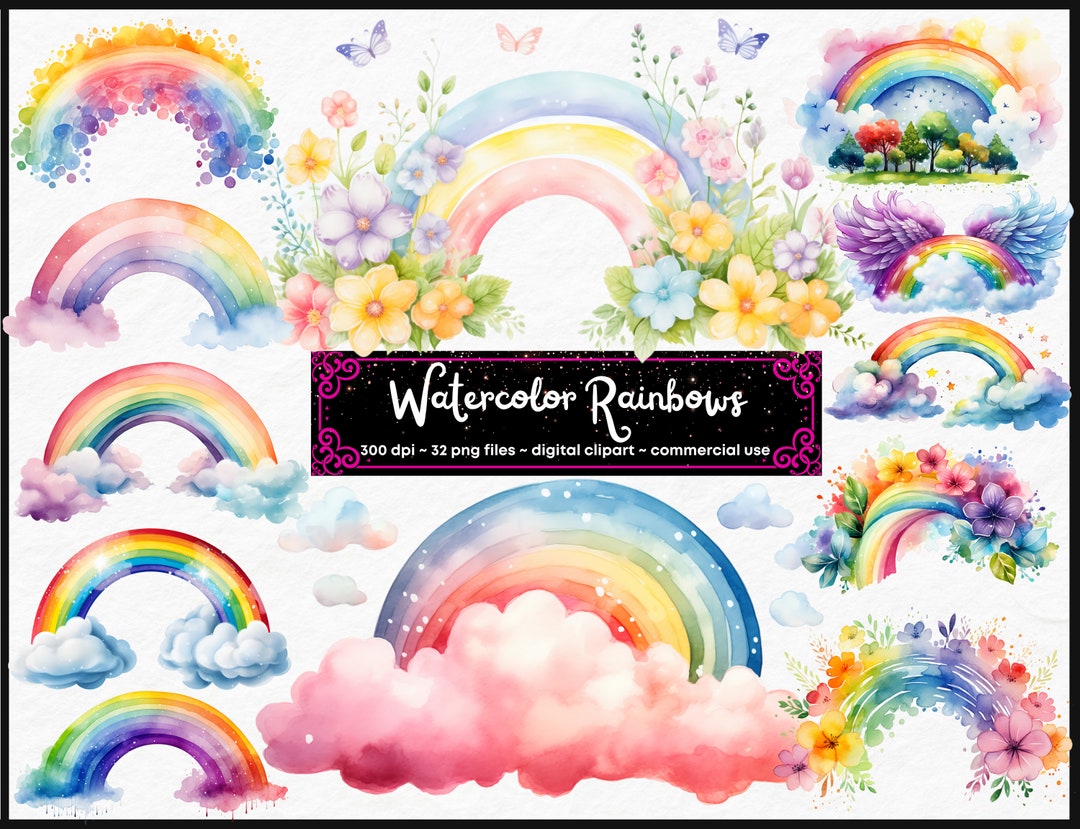 Watercolor Rainbow Clipart Pack | Baby Shower Clip Art | Transparent ...