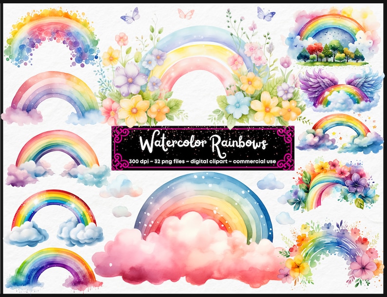 Watercolor Rainbow Clipart Pack | Baby Shower Clip Art | Transparent ...