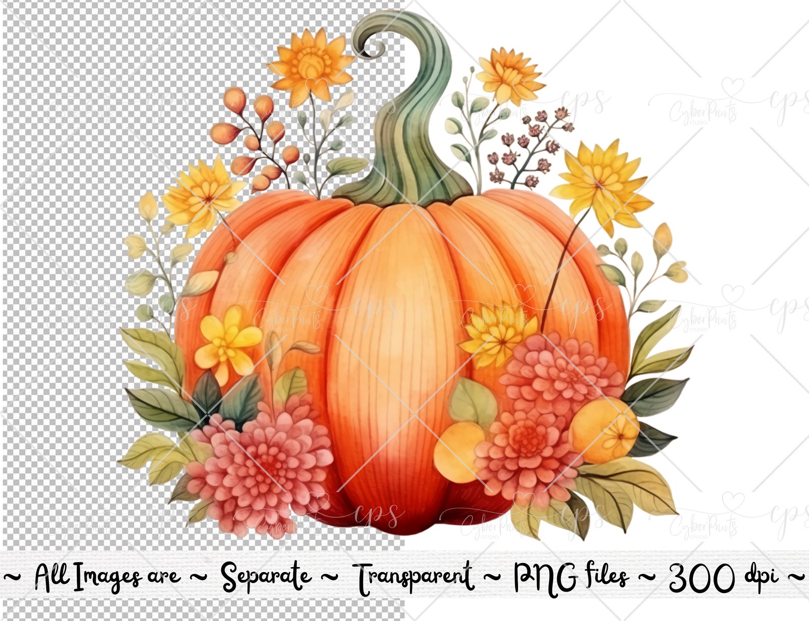 Watercolor Floral Pumpkin Bouquets Clipart Autumn Watercolor in PNG ...