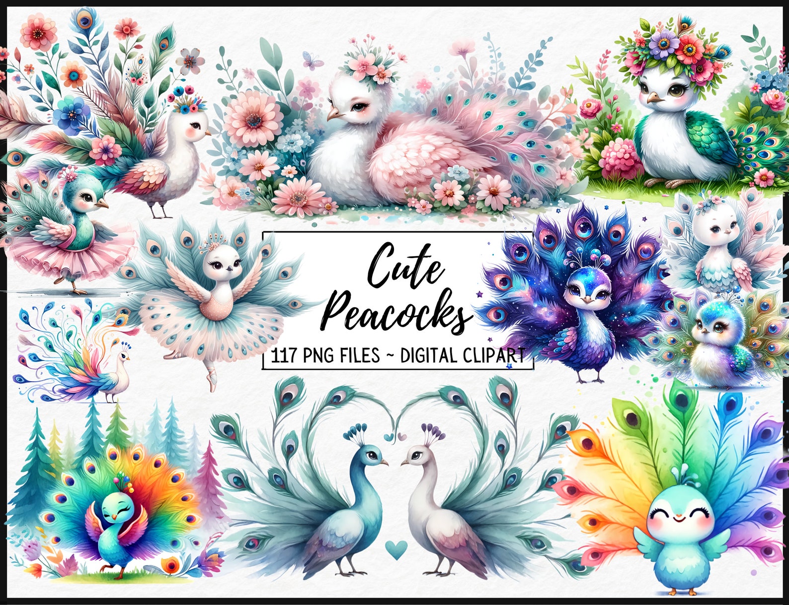 Cute Peacocks Watercolor Clipart Bundle, PNG Images, Majestic Bird ...