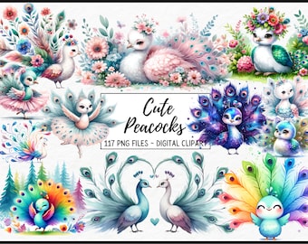 Peacocks Watercolor Clipart Bundle PNG Images, Majestic Bird Graphics ...