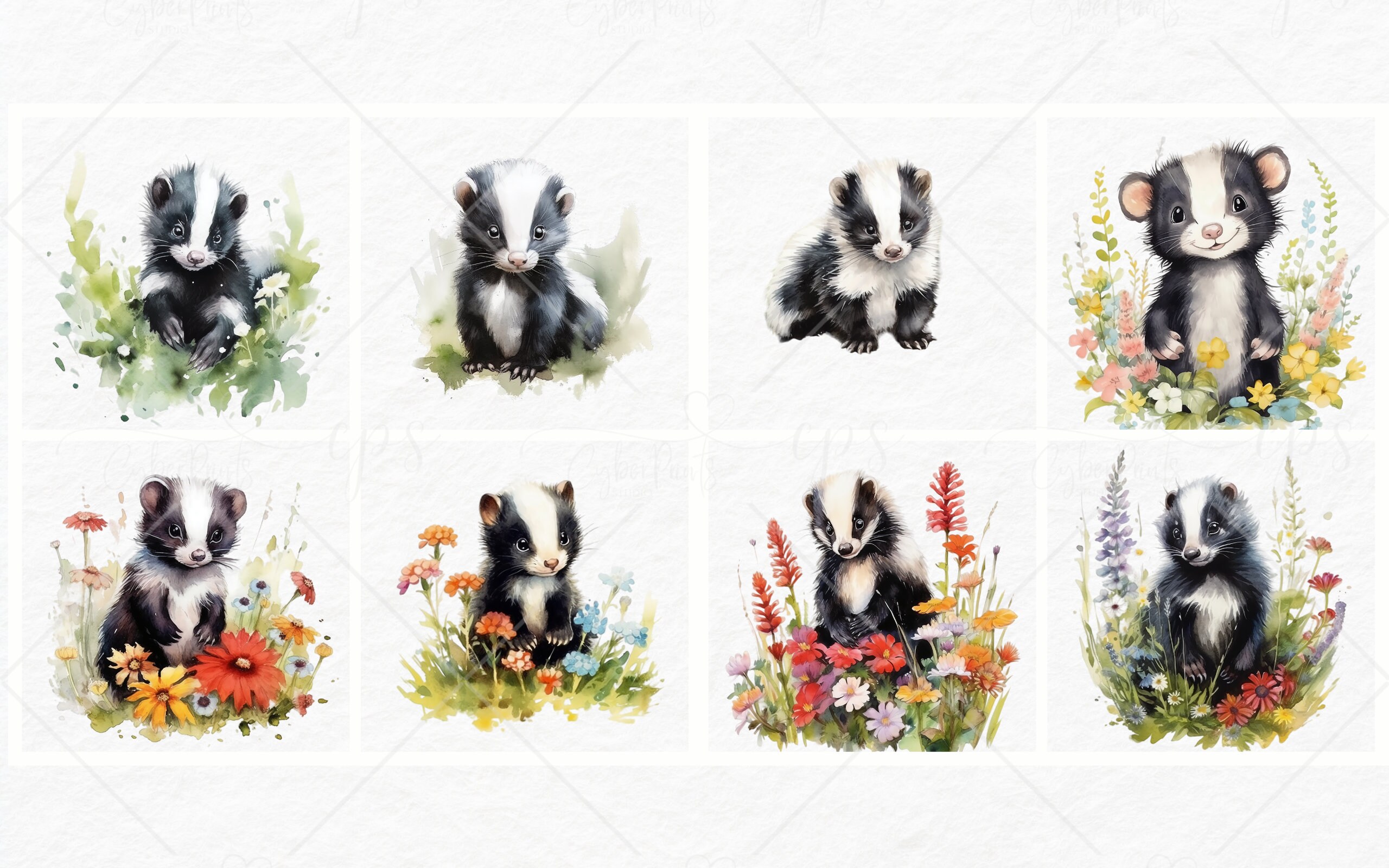 Cute Skunk Watercolor Clipart Skunk Flowers PNG Commercial Use - Etsy