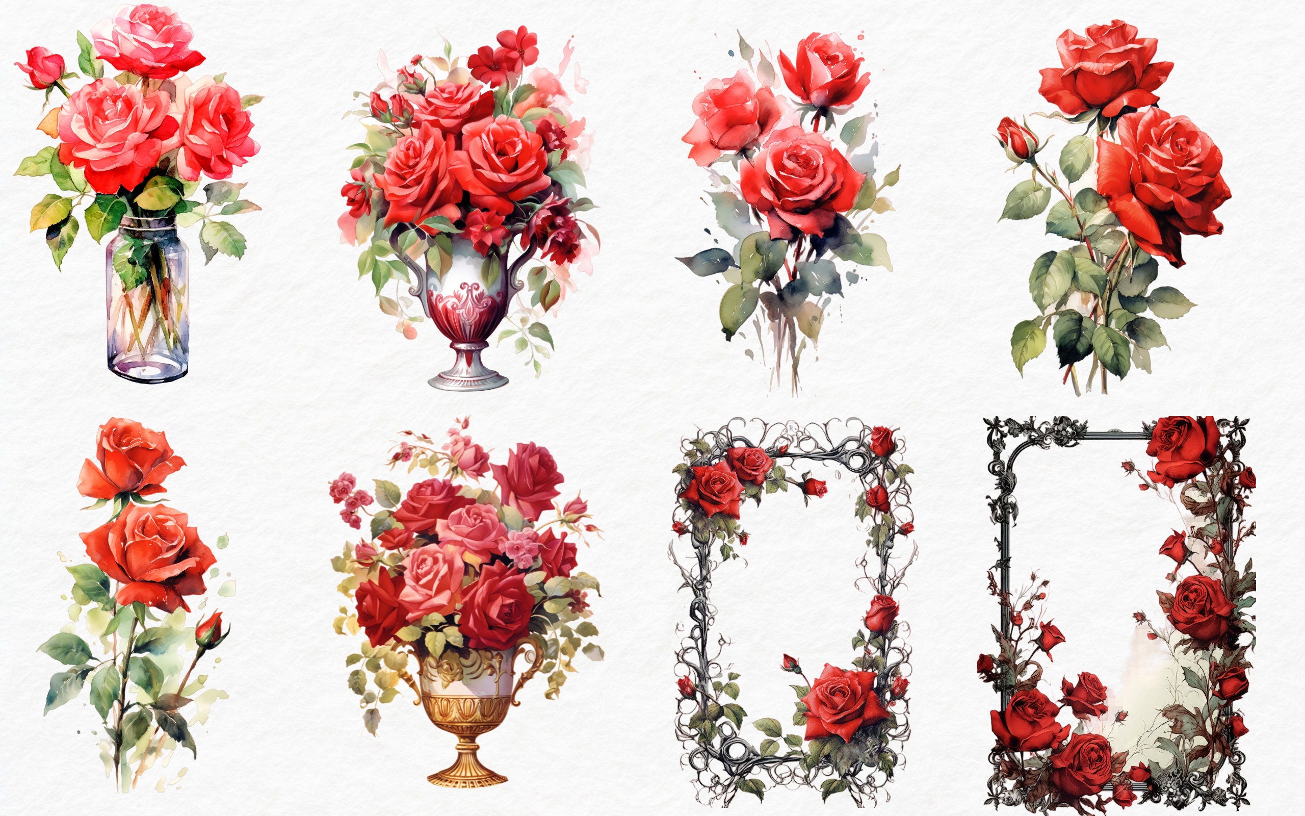 Watercolor Red Roses Clipart roses in PNG Format Instant Download for ...