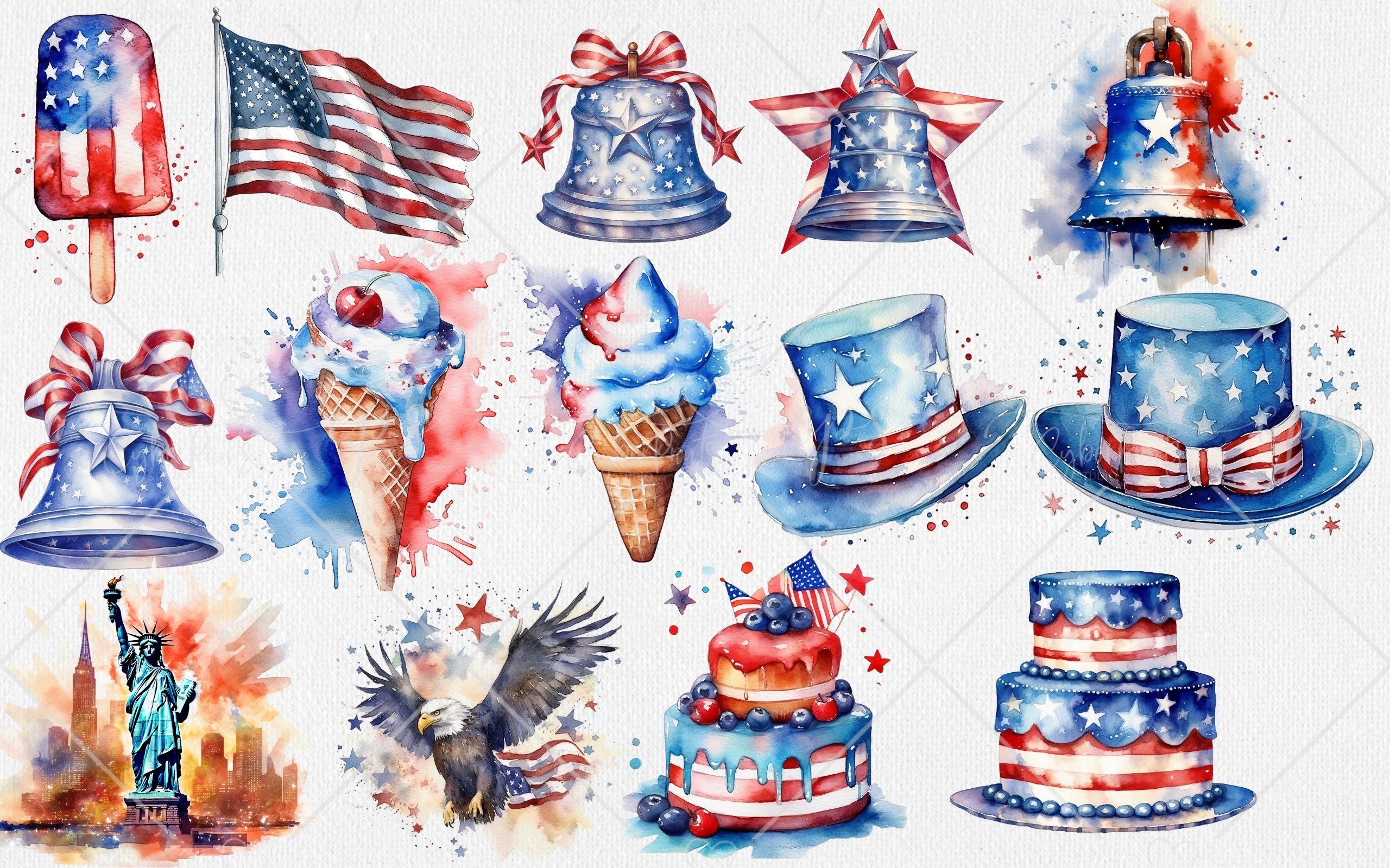 Watercolor Fourth of July Clipart, USA Patriotic, Bunting, Fireworks ...
