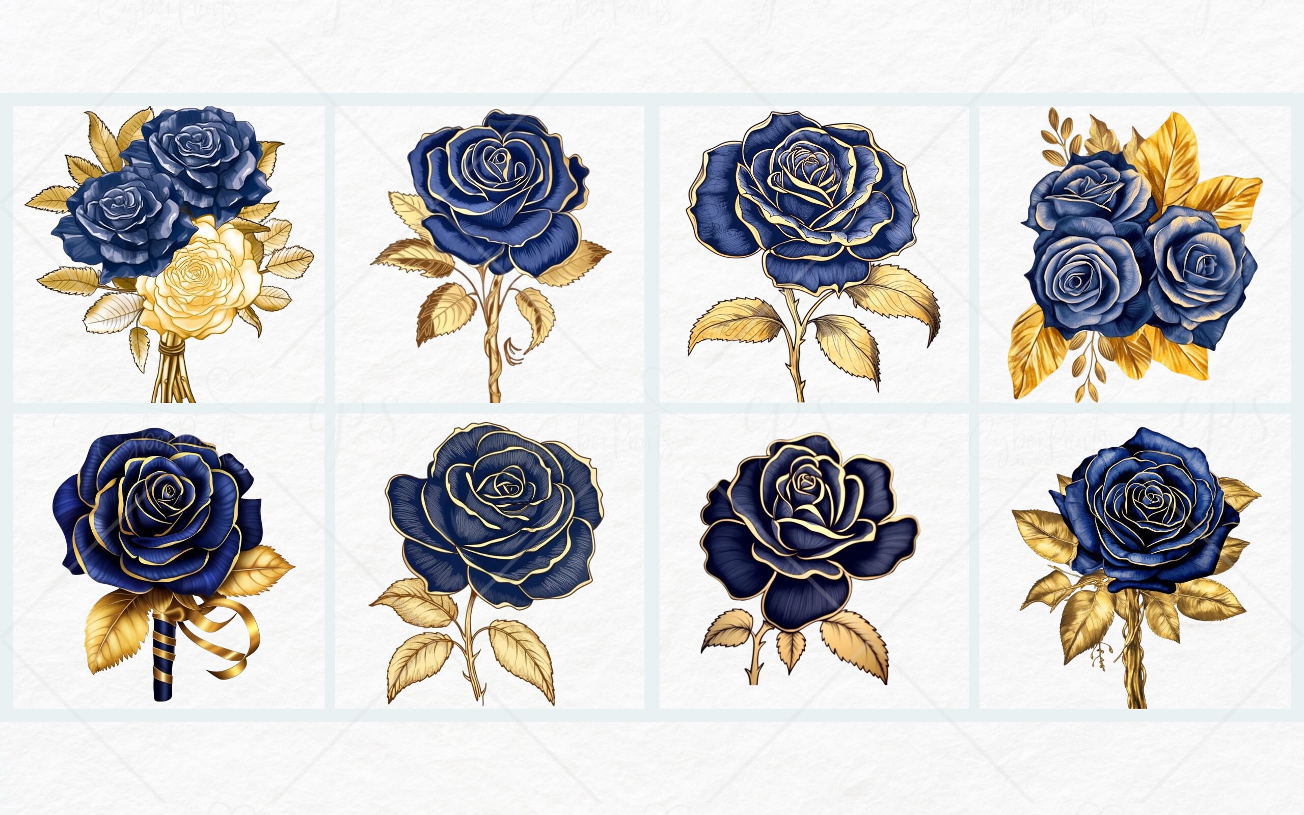 Watercolor Blue Gold Roses Clipart Roses in PNG Format - Etsy