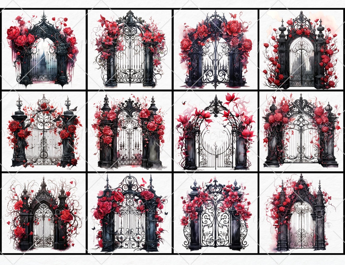 Red Floral Gothic Gates Clipart - Gothicl Doors, Fantasy Watercolor PNG ...