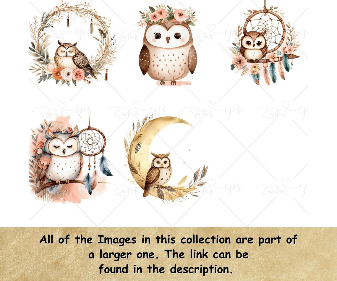 Boho Owl Clipart Bundle - 25 Watercolor PNG Owls With Floral Wreaths ...