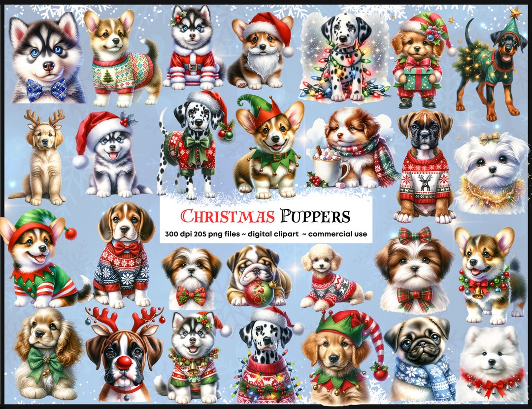 Christmas Puppies in Outfits, Cute Watercolor Dog Clipart, Holiday ...