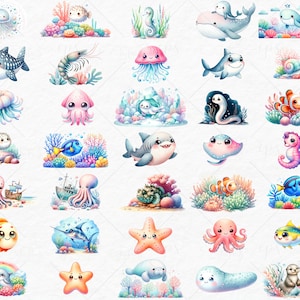 Sea Animals Watercolor Clipart Bundle - 238 PNG Cute Marine Animal ...