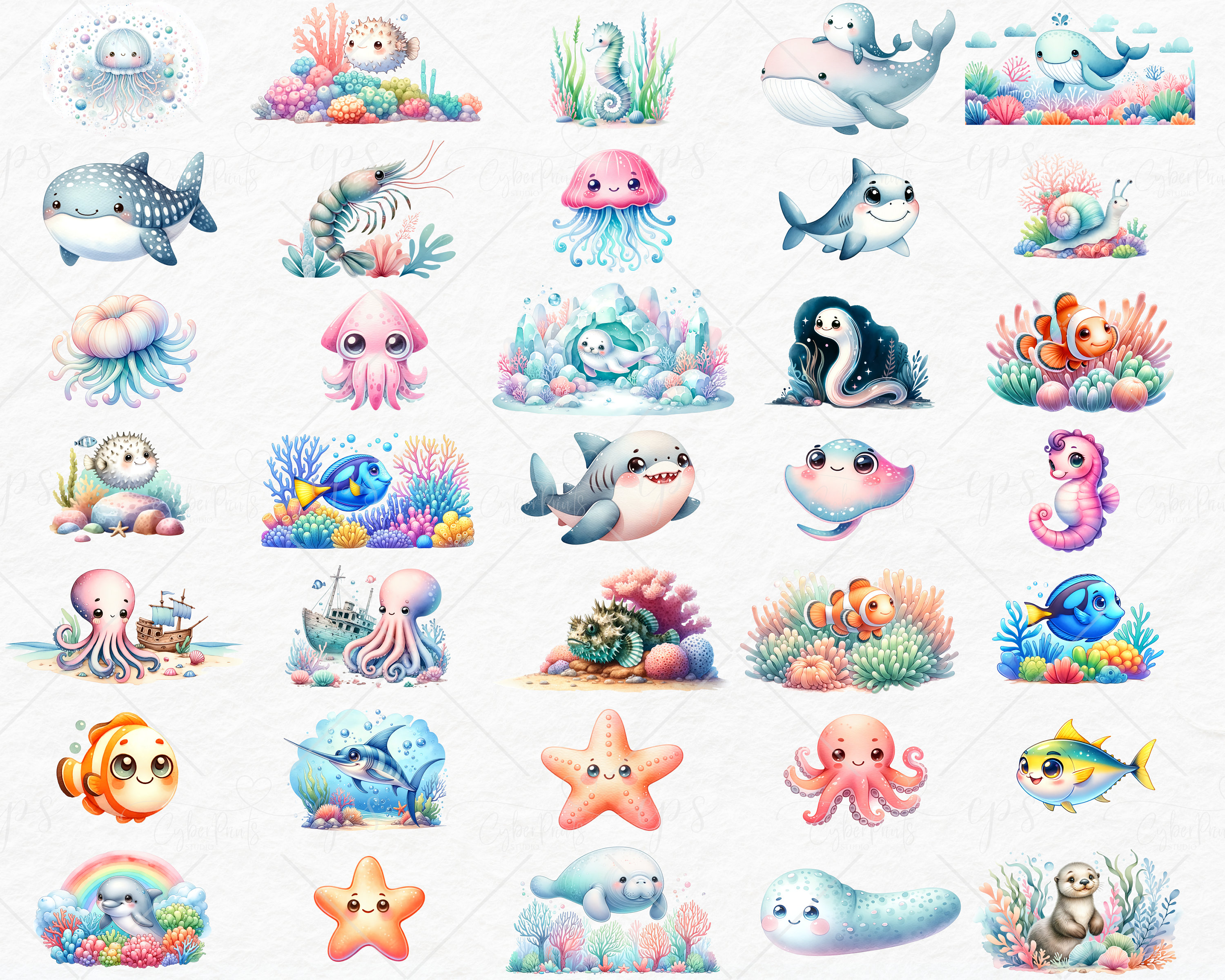 Sea Animals Watercolor Clipart Bundle - 238 PNG Cute Marine Animal ...