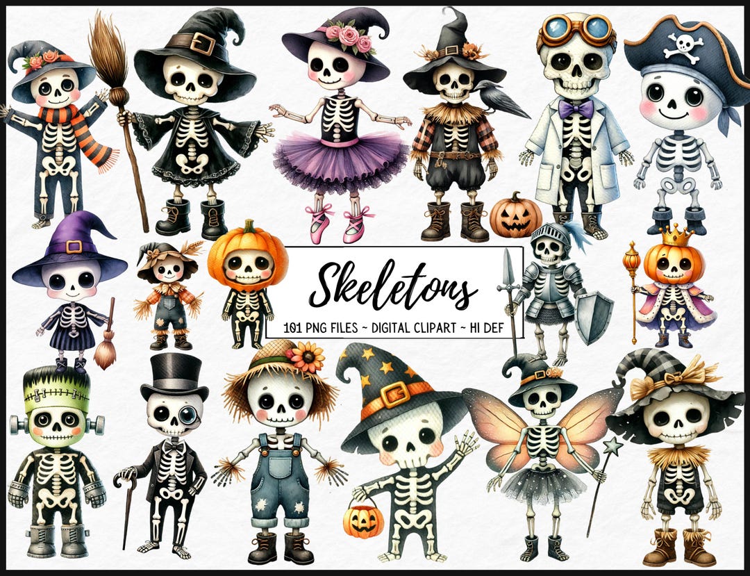 Skeletons Watercolor Clipart Bundle - 101 PNG Skeleton Skull Images ...