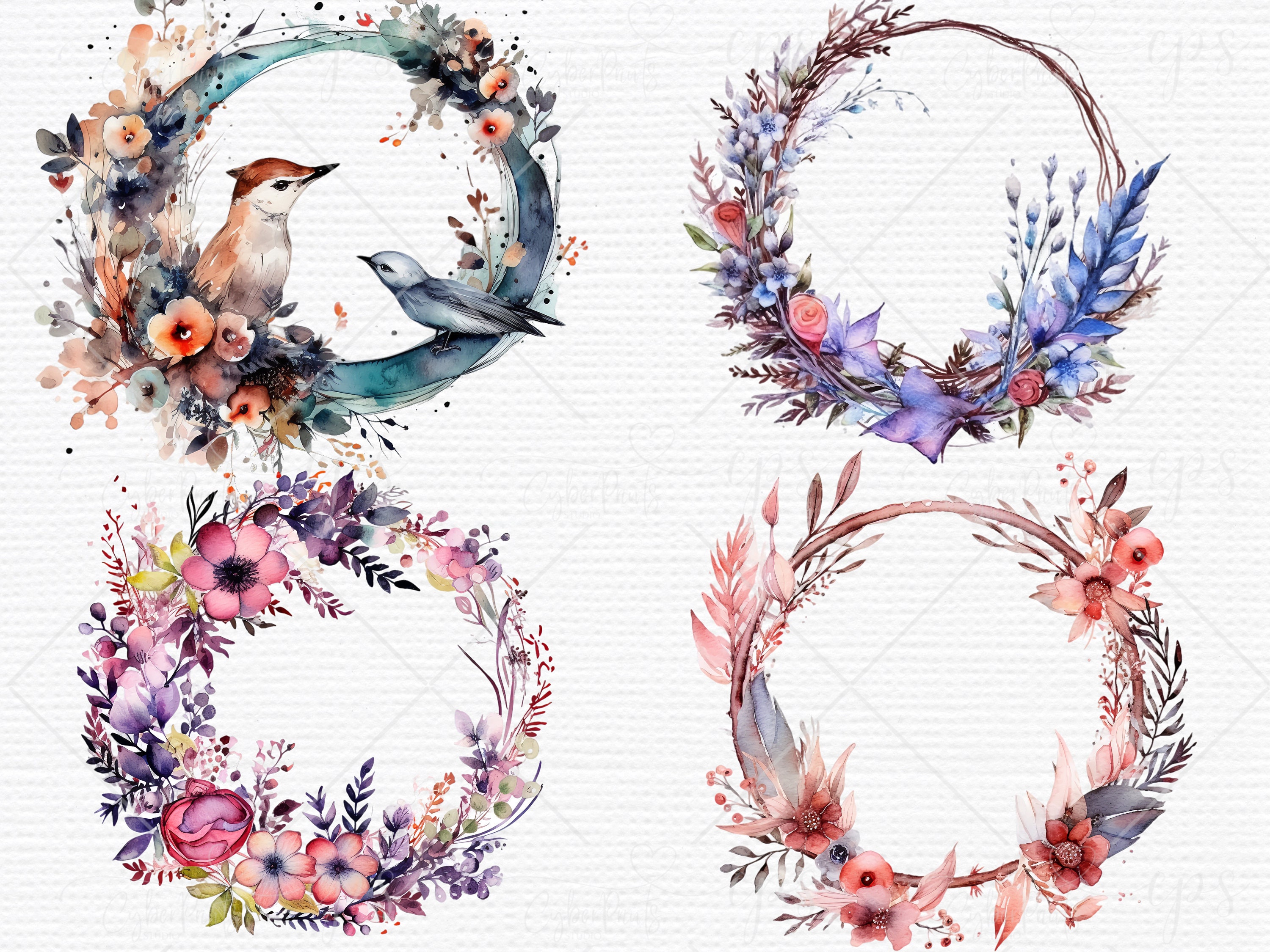 Watercolor Boho Wreaths Clipart, Floral Frames, Watercolor Floral ...