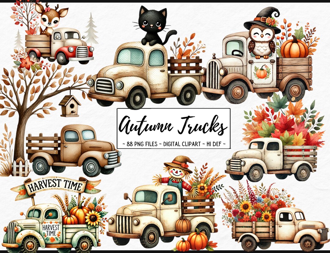 Autumn Clipart, Fall Trucks, Harvest Graphics, Vintage Trucks, Cute ...