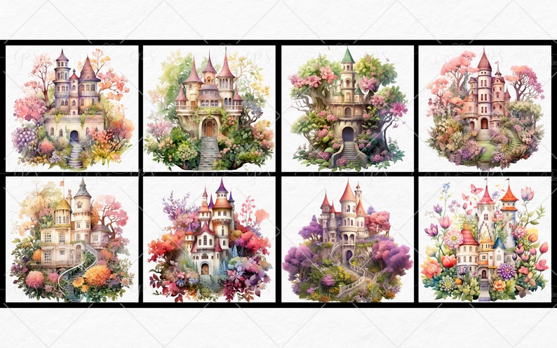 Watercolor Floral Fantasy Castles Clipart Fantasy Castle Night Scenery ...