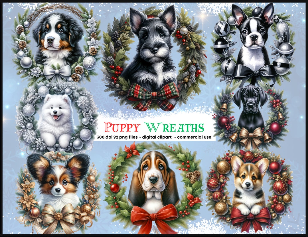 Christmas Puppy Wreaths Watercolor Dog Clipart Bundle - 92 PNG Festive ...