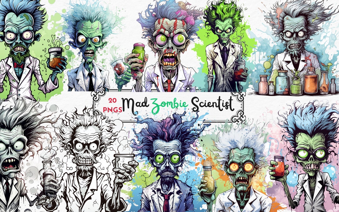 Mad Scientist Zombie, Undead PNG Zombie Printables, Junk Journal ...