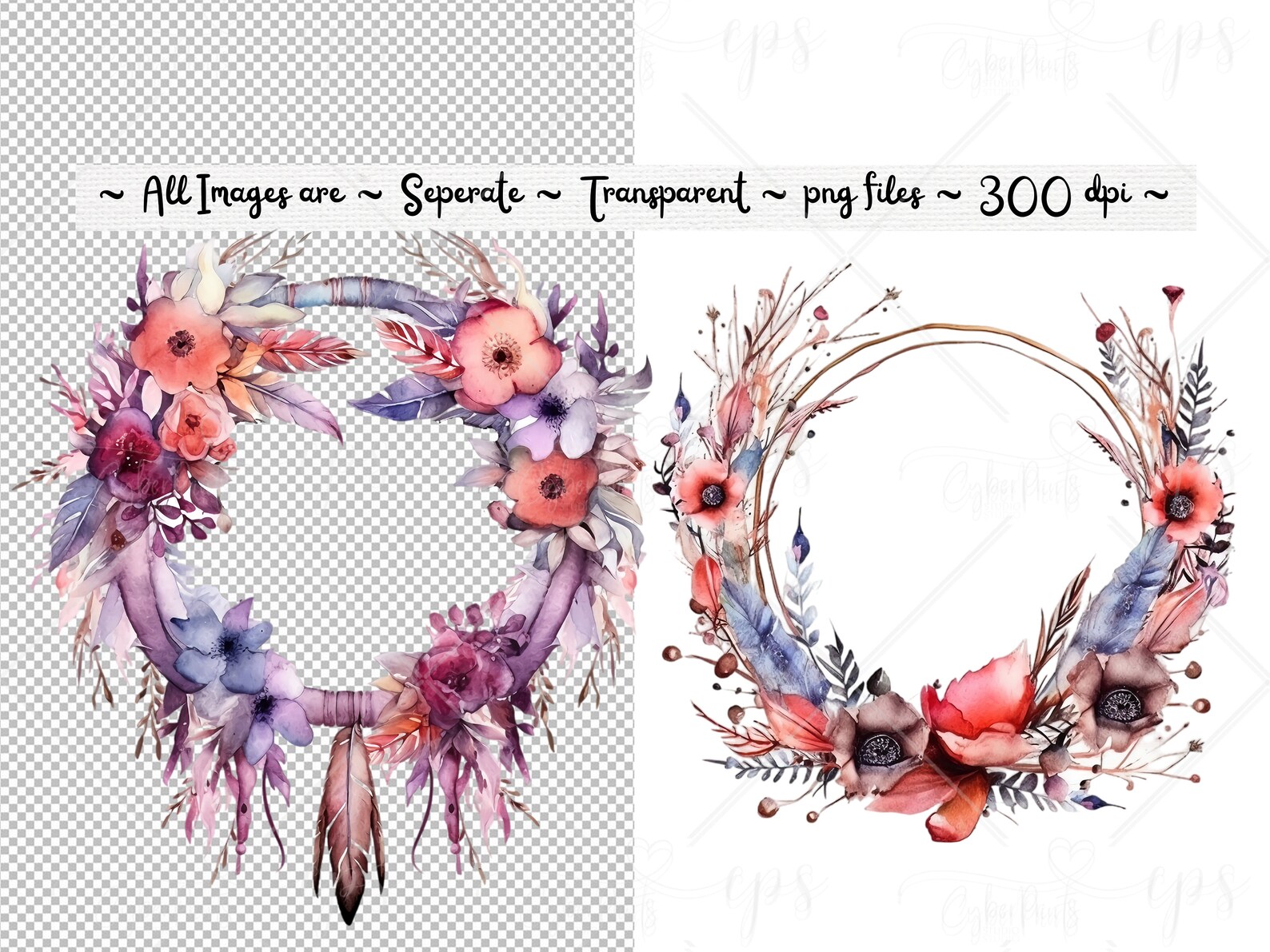 Watercolor Boho Wreaths Clipart, Floral Frames, Watercolor Floral ...