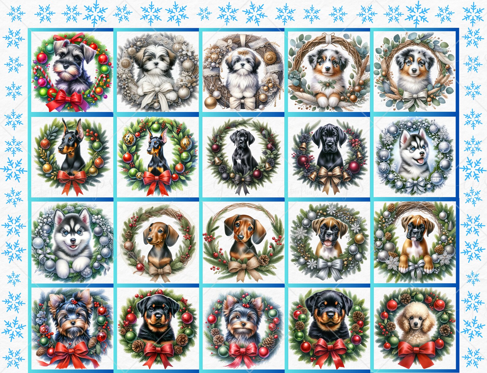 Christmas Puppy Wreaths Watercolor Dog Clipart Bundle - 92 PNG Festive ...