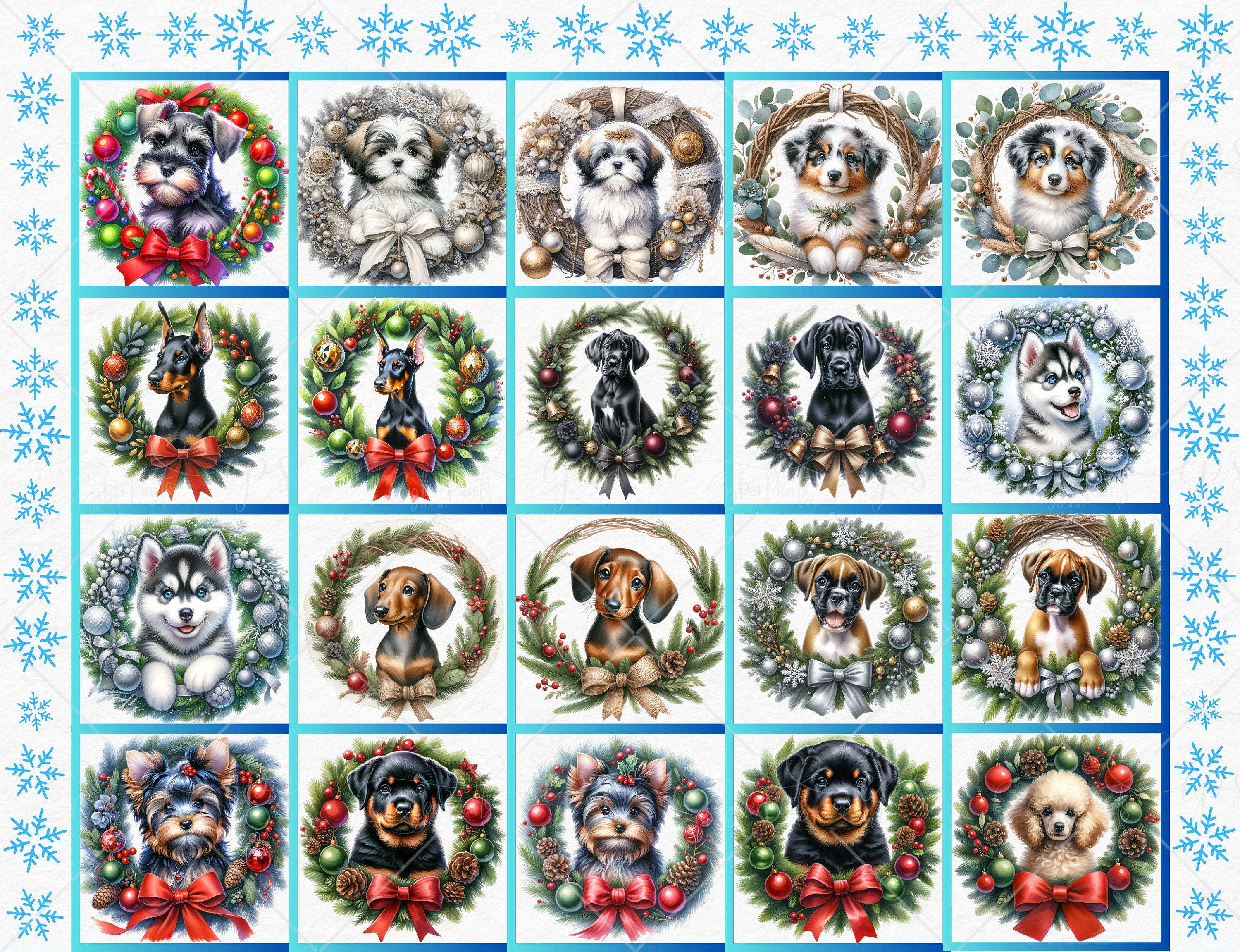 Christmas Puppy Wreaths Watercolor Dog Clipart Bundle 92 PNG Festive ...