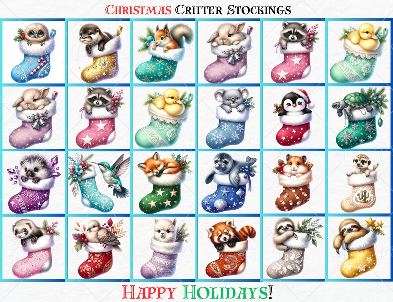 Christmas Critter Stockings, Cute Watercolor Xmas Animals, Holiday ...