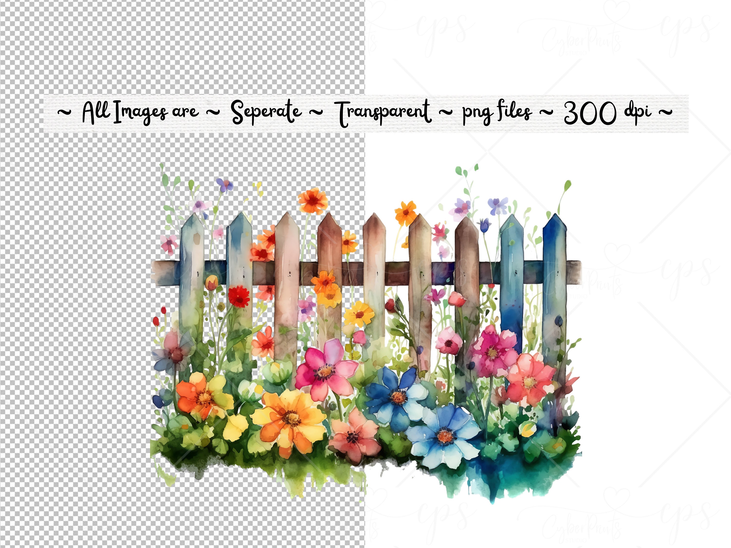 Watercolor Garden Fence Clipart, Spring Flowers PNG, Instant Download ...