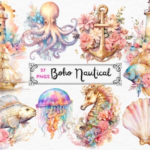 Watercolor Boho Nautical Clipart - Ocean Beach Wedding PNG Format ...