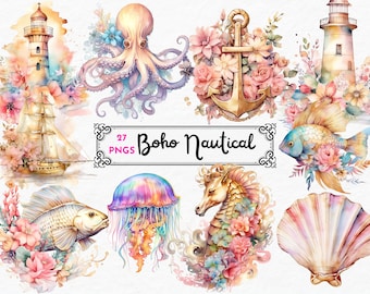 Watercolor Boho Nautical Clipart, Coastal Clip Art, Boho Wedding ...