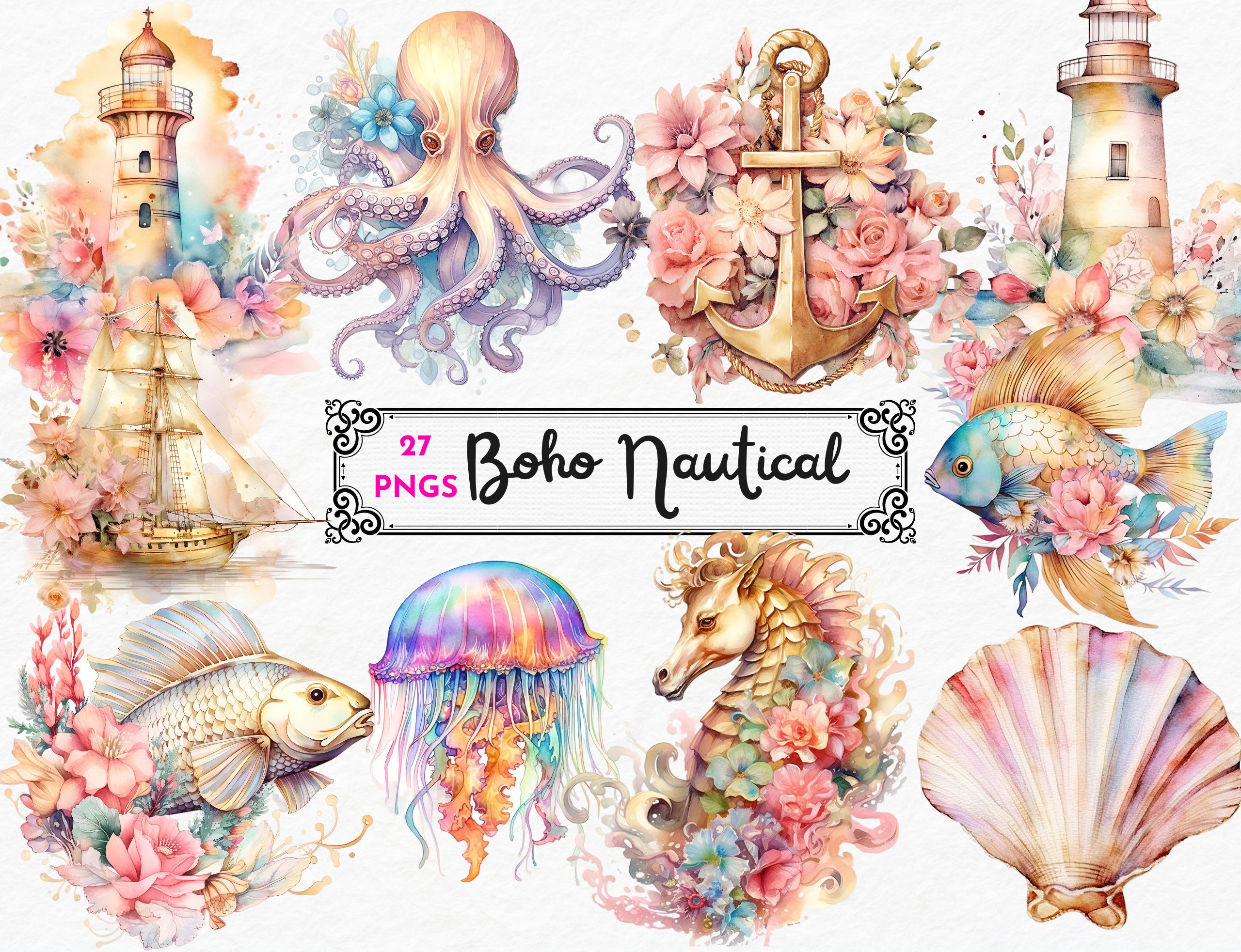 Watercolor Boho Nautical Clipart - Ocean Beach Wedding PNG Format ...