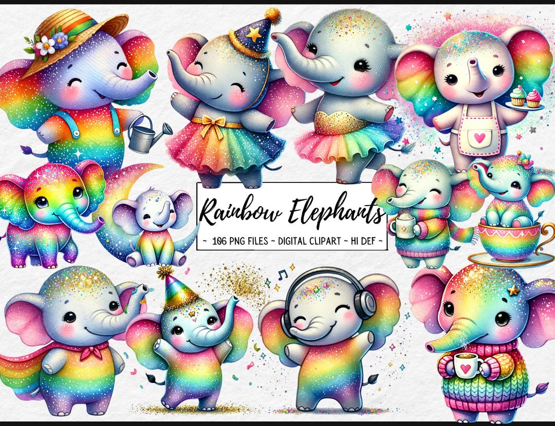 Rainbow Elephant Clipart - Cute Watercolor Elephants PNG - Digital ...