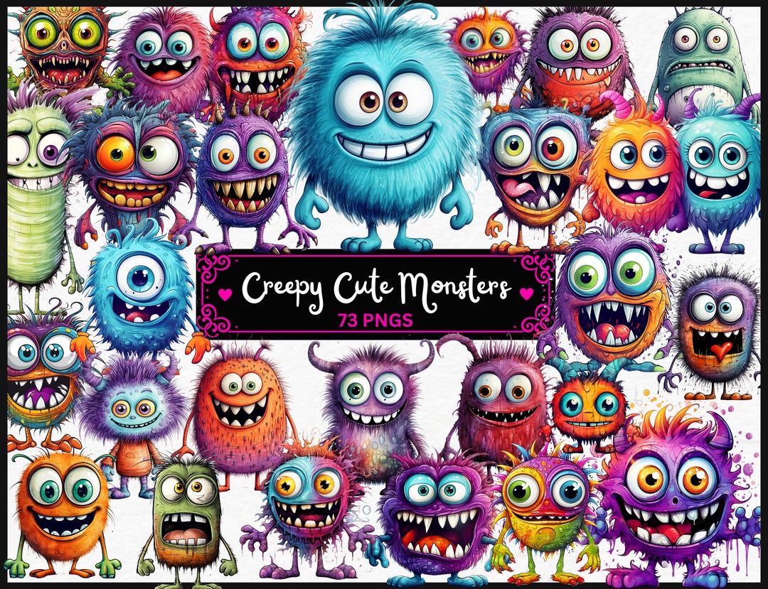 Creeepy Cute Monsters, Clipart Bundle - 73 PNG Spooky Images, Cute ...