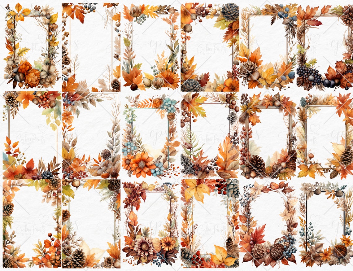 Autumn Frames Watercolor Clipart Bundle PNG Fall Flowers Frame - Etsy