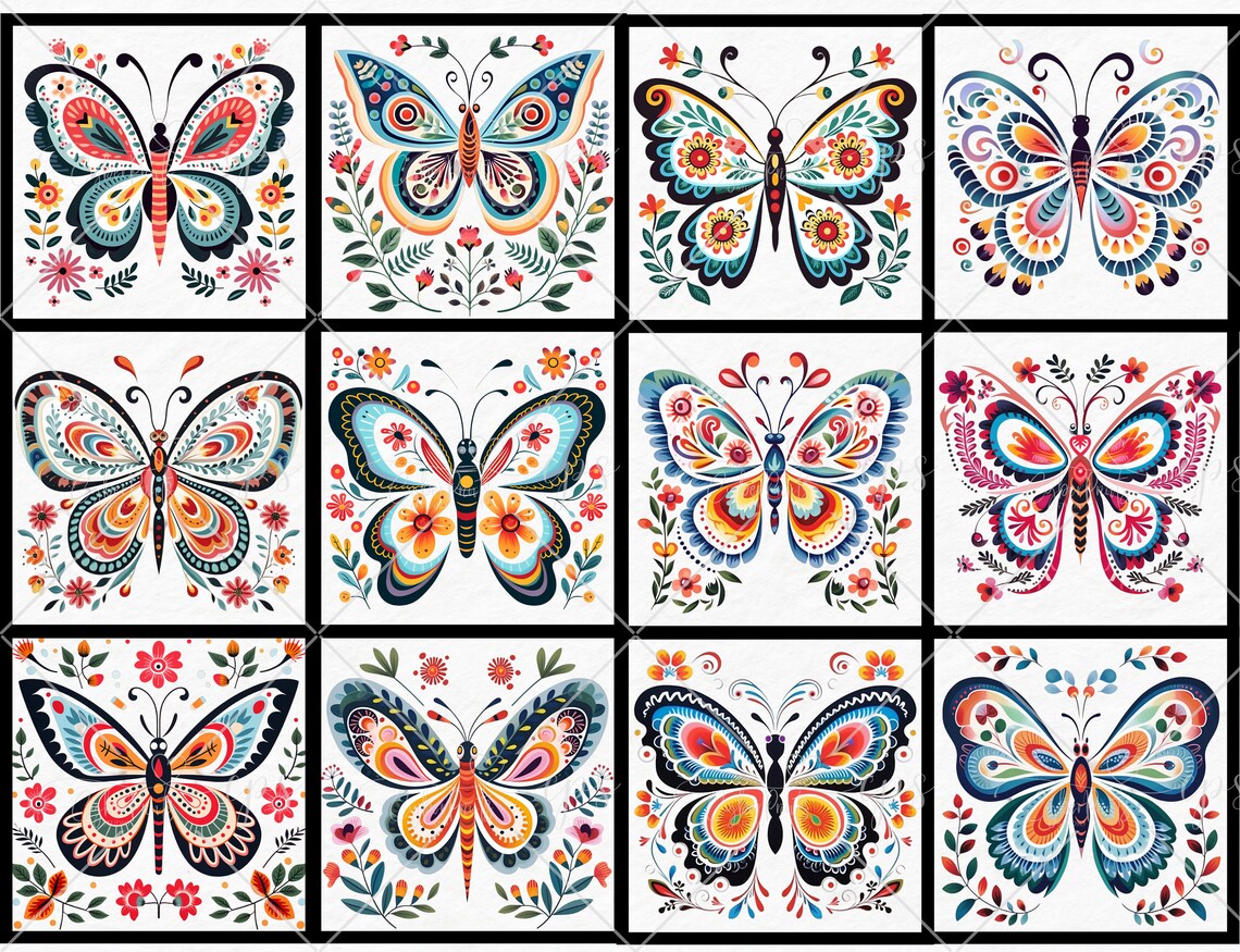 Folk Art Butterfly Clipart Colorful PNG Detailed Floral - Etsy