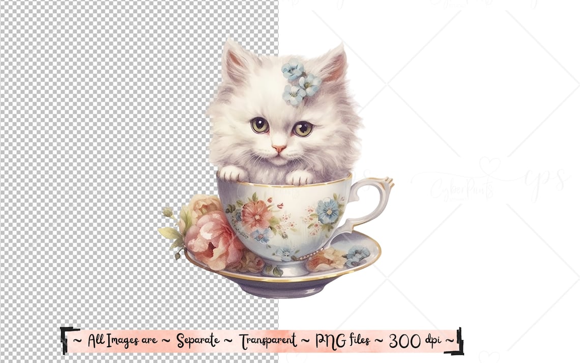 Watercolor Kitten in Teacup Clipart PNG Printable Floral Cat Tea Party ...
