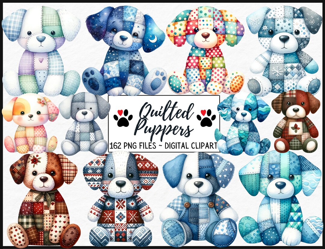 Patchwork PNG Quilted Puppy, Stuffed Animal, Nursery Art, Cute Adorable ...