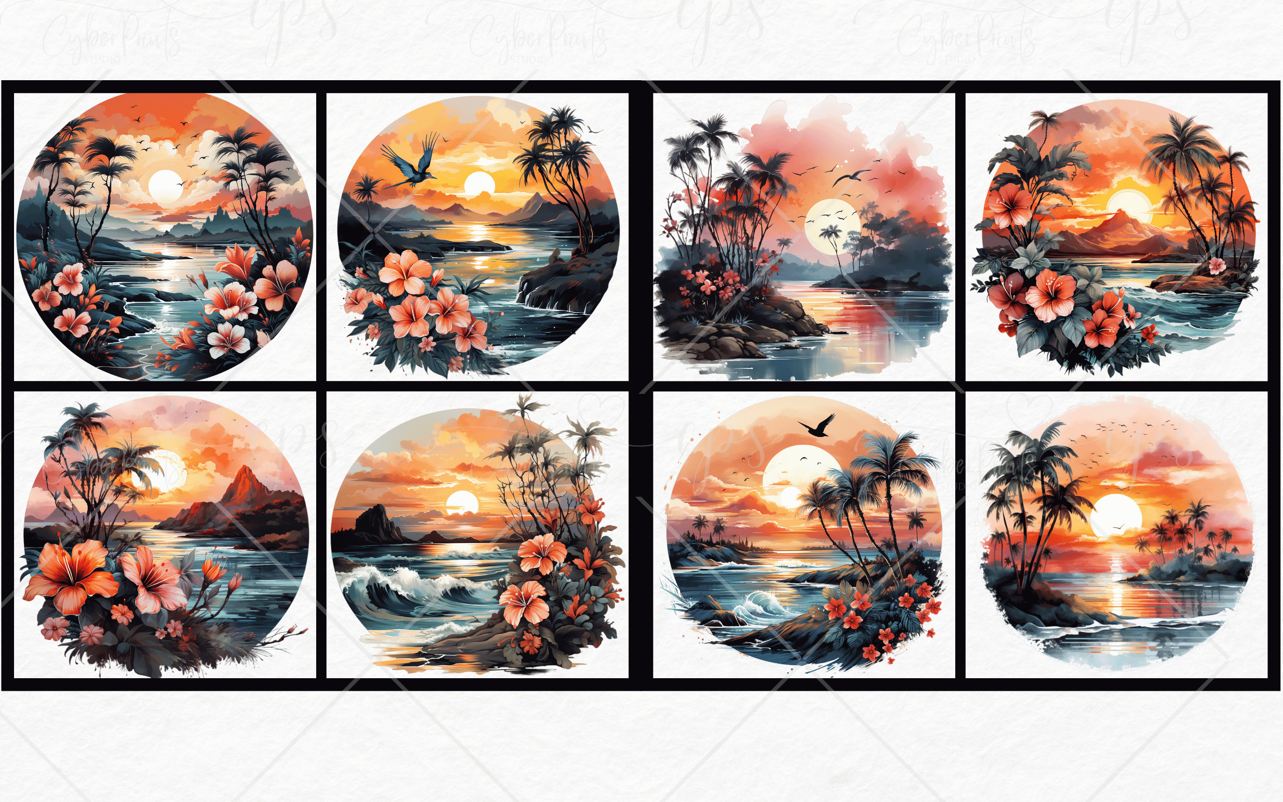 Watercolor Tropical Sunsets Clipart Wall Art, Digital Graphics, Beach ...