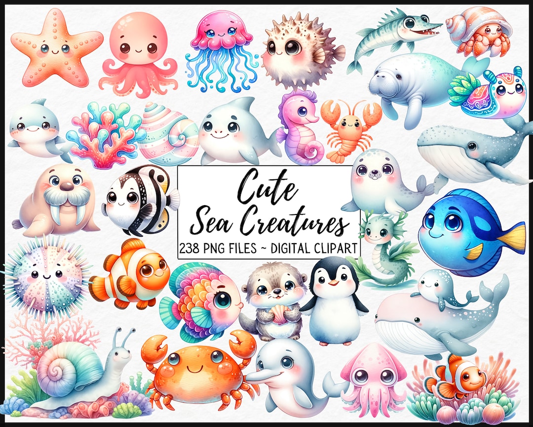 Sea Animals Watercolor Clipart Bundle - 238 PNG Cute Marine Animal ...