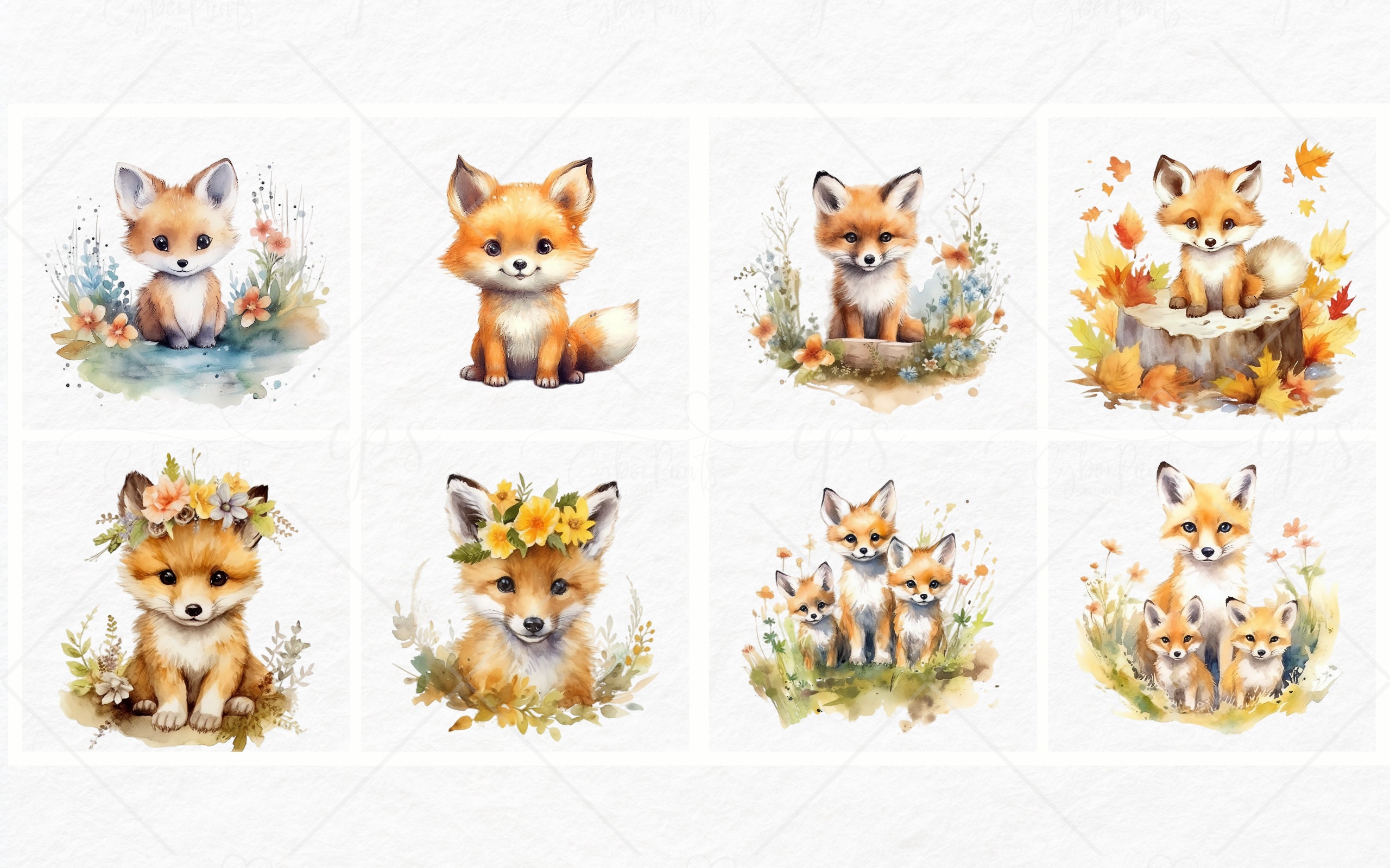Watercolor Fox Clipart, Baby Fox Painted Foxes Clipart, Woodland Animal ...