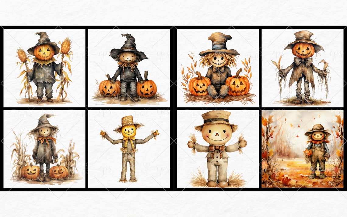 Watercolor Scarecrow Clipart Bundle Halloween PNG Digital - Etsy