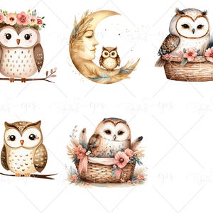 Boho Owl Clipart Bundle - 25 Watercolor PNG Owls With Floral Wreaths ...