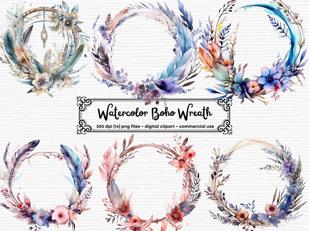 Watercolor Boho Wreaths Clipart, Floral Frames, Watercolor Floral ...