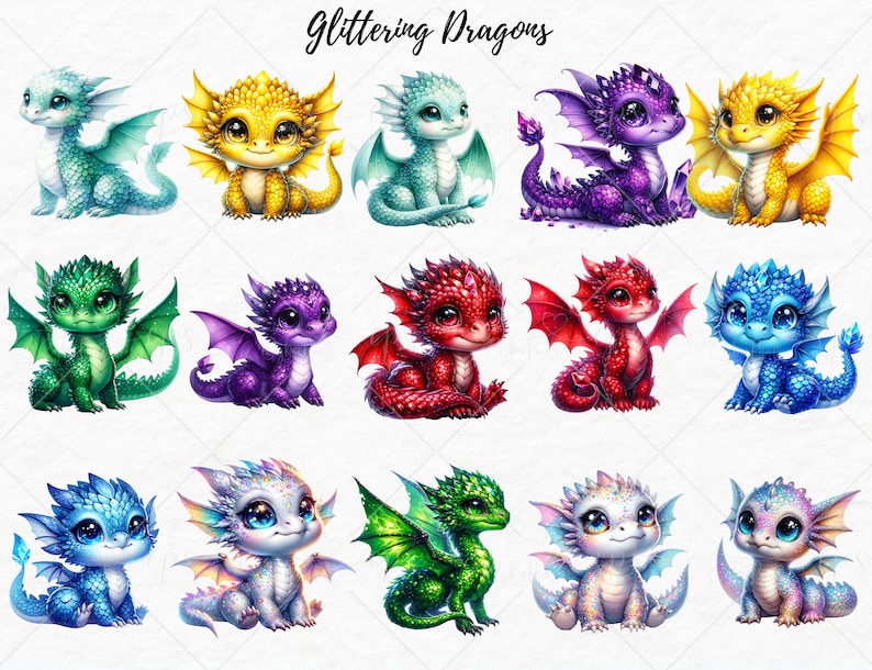 Glittering Baby Dragons Clipart Bundle - Fantasy Illustrations, Cute ...