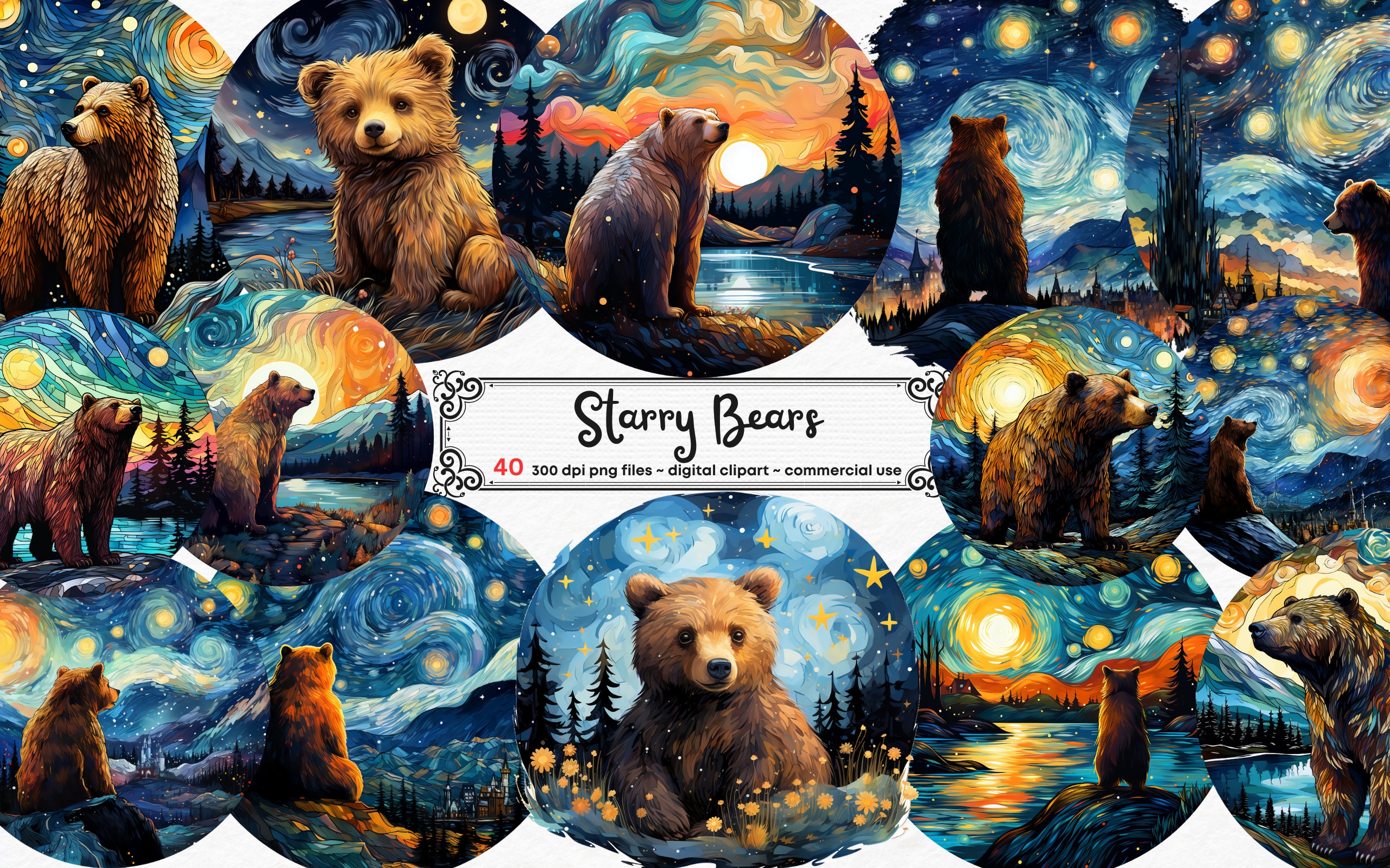 Starry Night Bears, Bears Clipart, Van Gogh Bears, Forest Animals PNG Format Instant Download ...