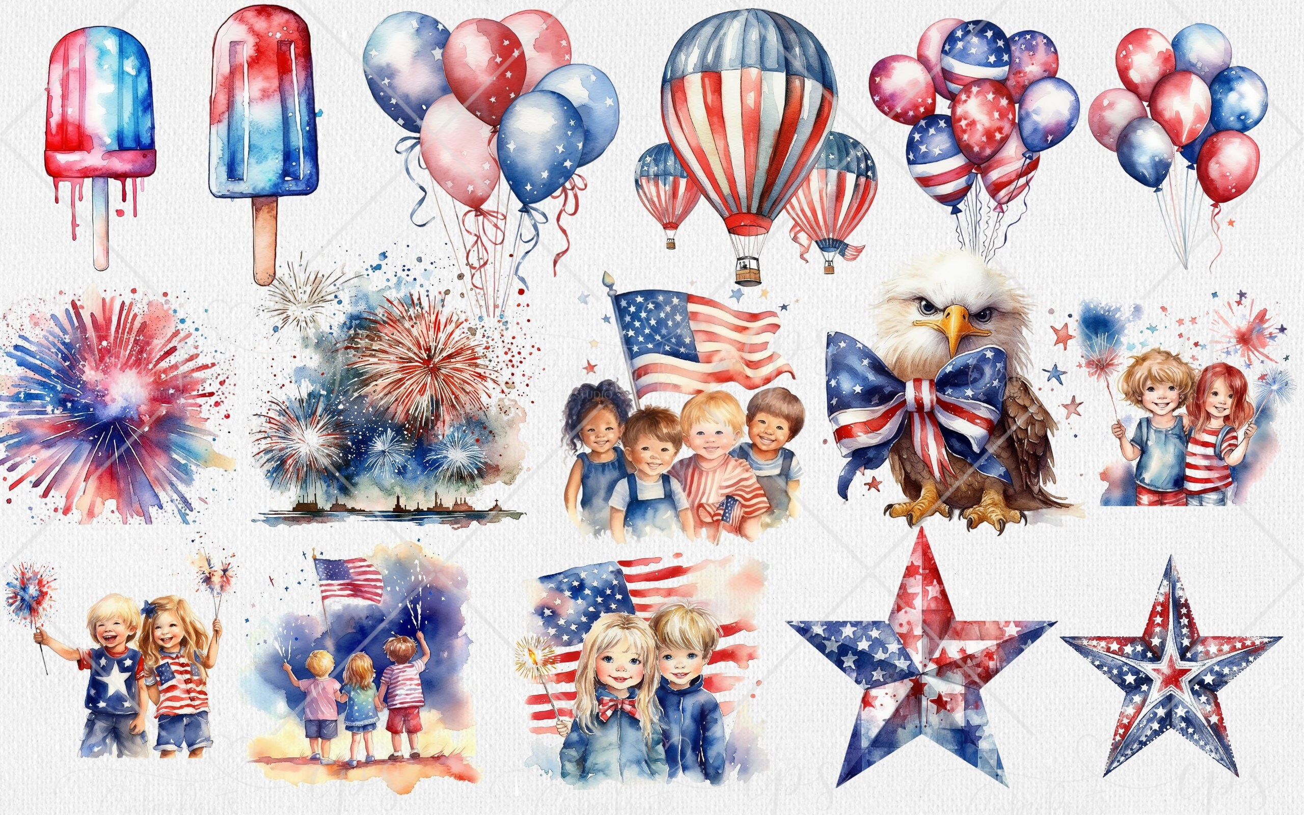 Watercolor Fourth of July Clipart, USA Patriotic, Bunting, Fireworks ...